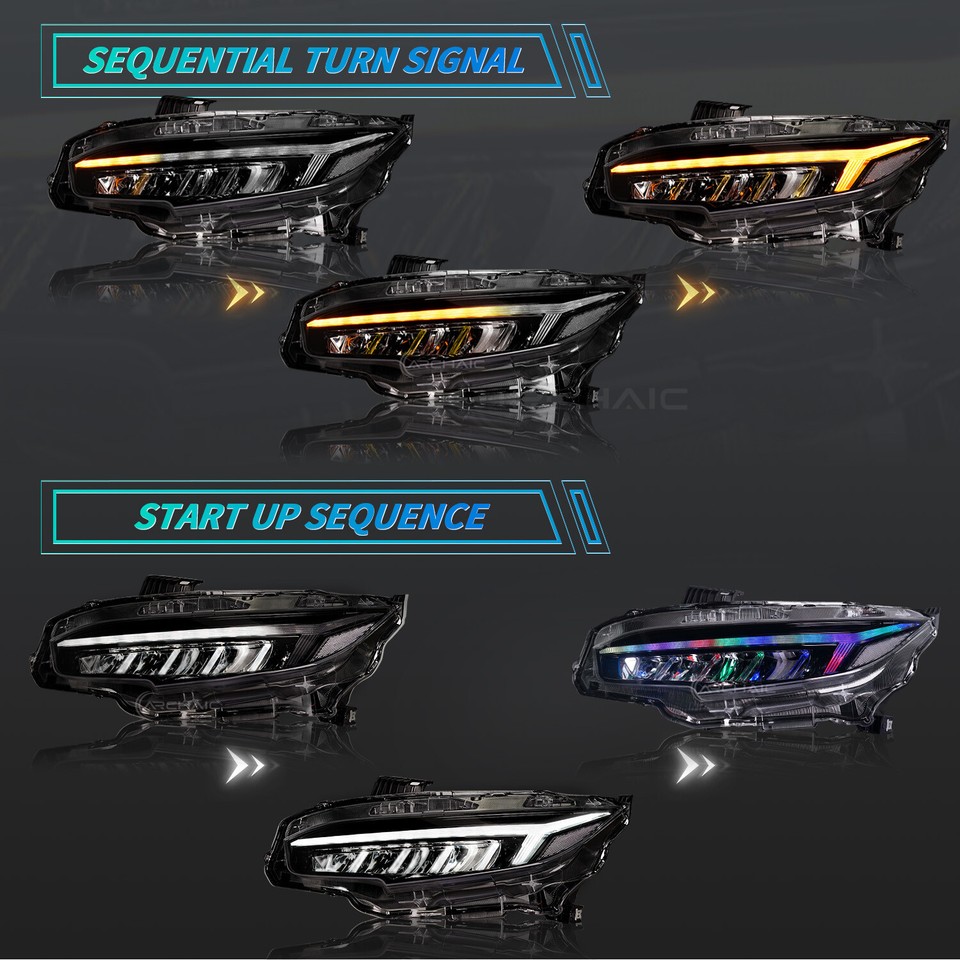 RGB Headlights for 2016-2021 10th Gen Honda Civic Sedan,Coupe,Hatchback ...