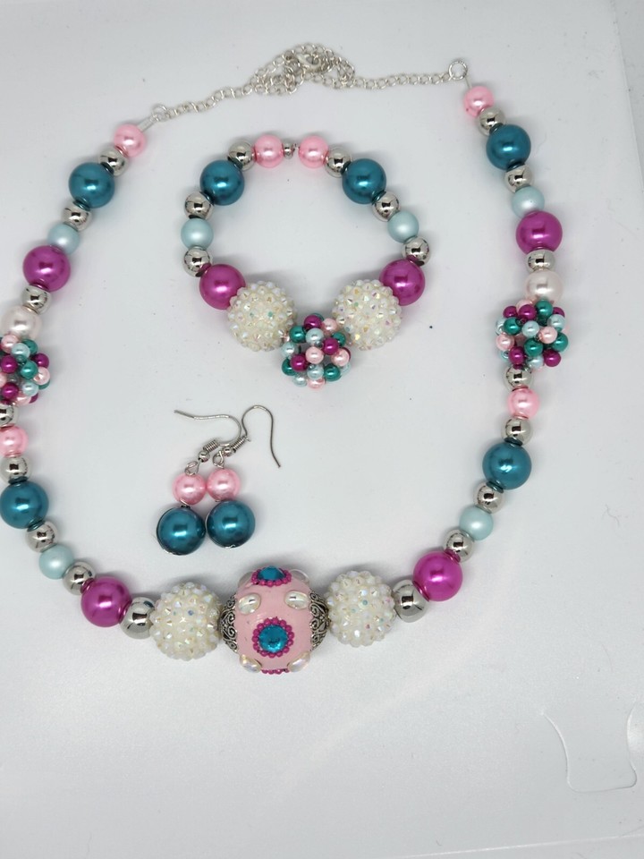 pink blue LILAH ANN handmade beaded NECKLACE earrings BRACELET SET ...