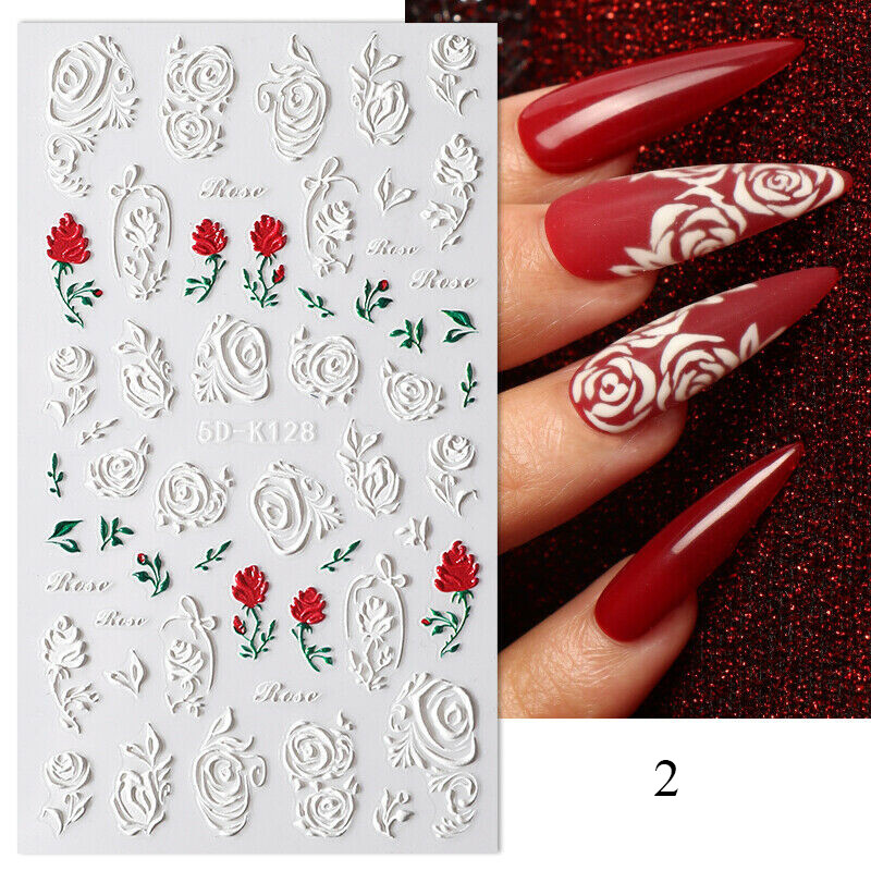 5D Nail Stickers White Pink Rose Embossed Flower Nail Decals Manicure ...