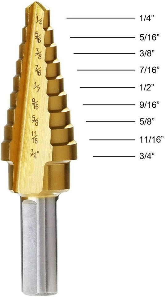 3 PIECE TITANIUM STEP STEPPED DOWN VARIABLE SIZE STEEL DRILL BIT UNIBIT ...