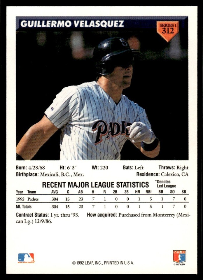 1993 Donruss Baseball Card Guillermo Velasquez San Diego Padres #312 | eBay