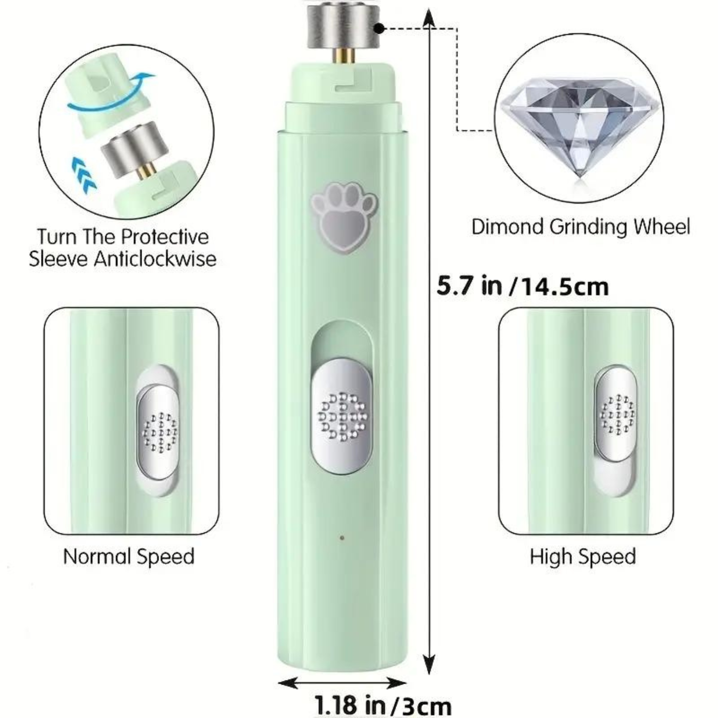 Pet Nail Grinder 2 Speed Electric USB Rechargeable Paws Grooming ...