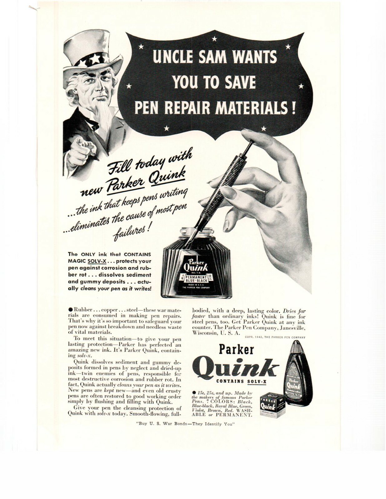 1942 PARKER QUINK "CONTAINS SOLV-X" WASHABLE OR PERMANENT PEN INK SALES ...