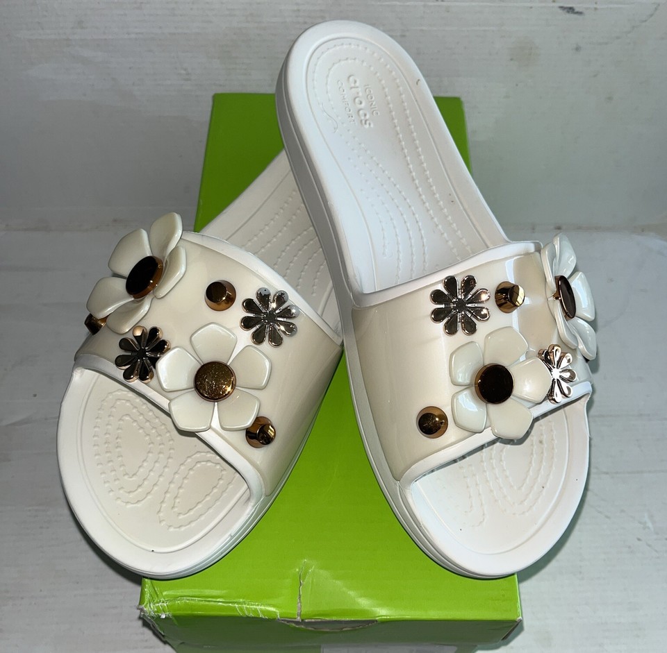 Crocs Women's 9 Sloane Slide Sandals Rose Gold Metal Blooms Flowers ...