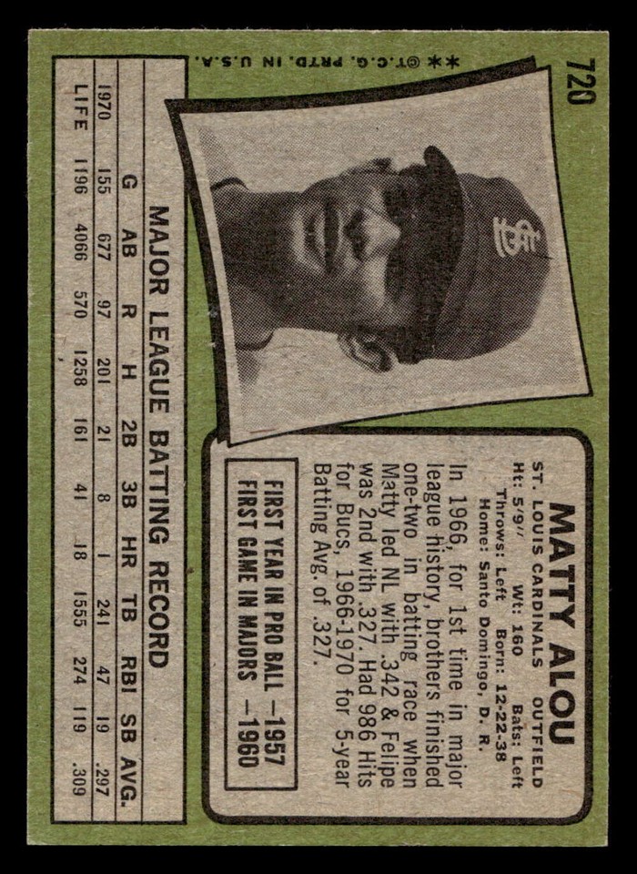 1971 Topps #720 Matty Alou Near Mint Cardinals High # ID:458729 | eBay