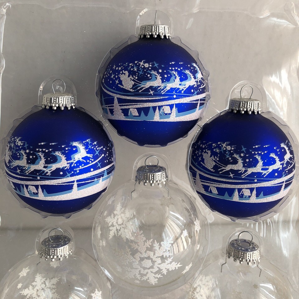 Krebs Glass Ornaments Germany Set Of 6 Santa Over Village Snowflakes ...