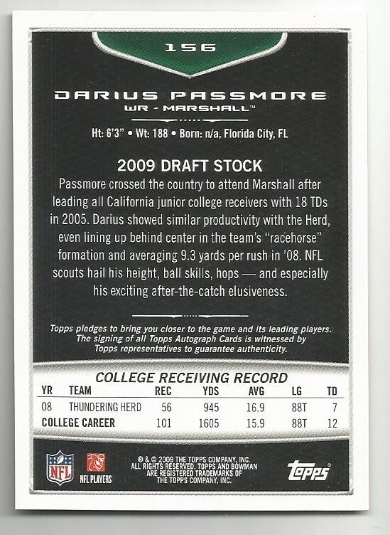 2009 Bowman Draft Picks Rookie Autograph Darius Passmore Marshall | eBay