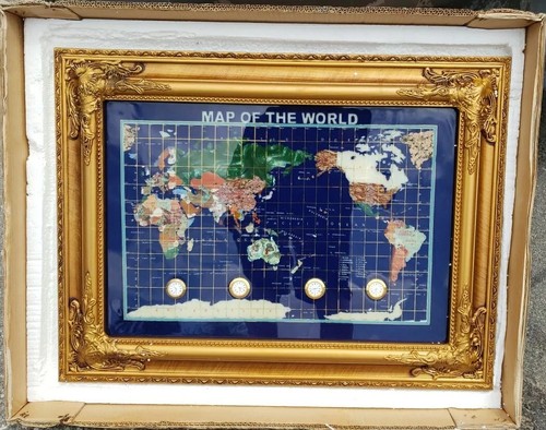 WORLD MAP BLUE LAPIS GEMSTONE CLOCK 18x24” REAL STONE BOARD NOS FRAMED ...
