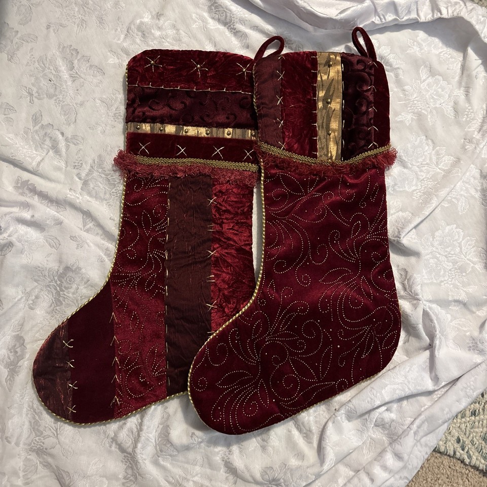 Christmas Stockings Lot2 Barcade Satin Burgundy & Gold Trim Vintage ...