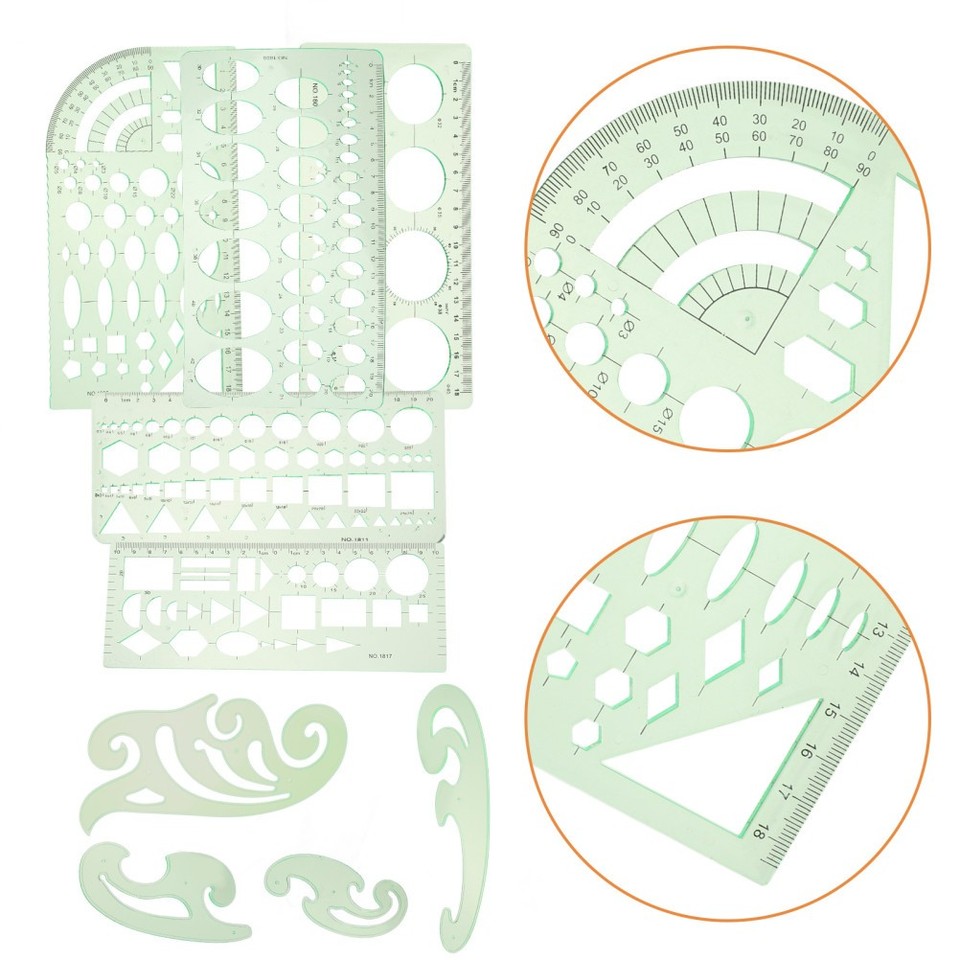 9 Pcs Office Measuring Supplies Drawing Tools Circle Template Ruler ...