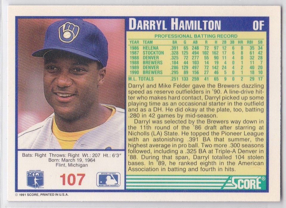 M) 1991 Score Baseball Trading Card - Darryl Hamilton #107 | eBay