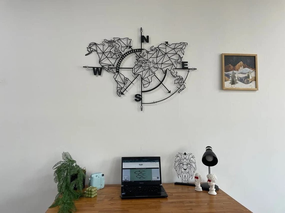 Metal World Map Wall Art Geometric Compass Metal Wall Decor Art Work ...