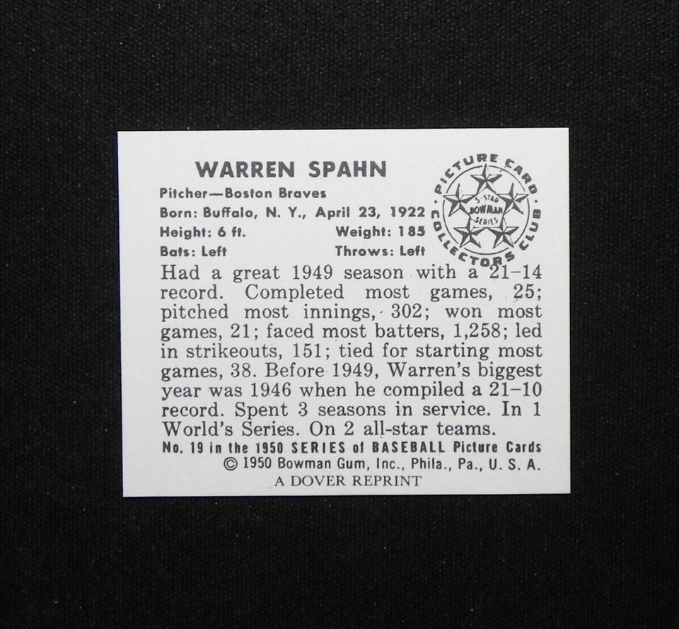 WARREN SPAHN Dover Reprint 1950 Bowman Card #19 _ Exact Card (D) | eBay