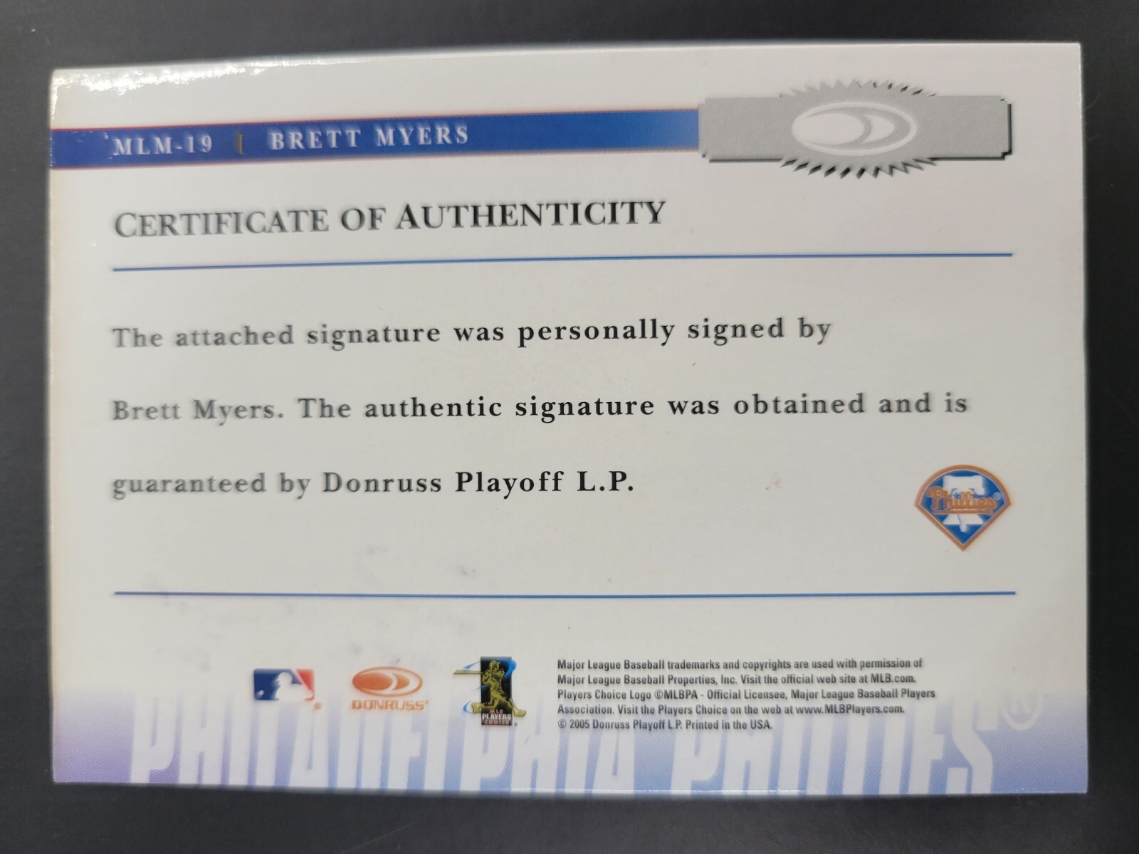 Brett Myers 2005 PANINI PRIME PATCHES "MAJOR LEAGUE MATERIALS" AUTO # ...