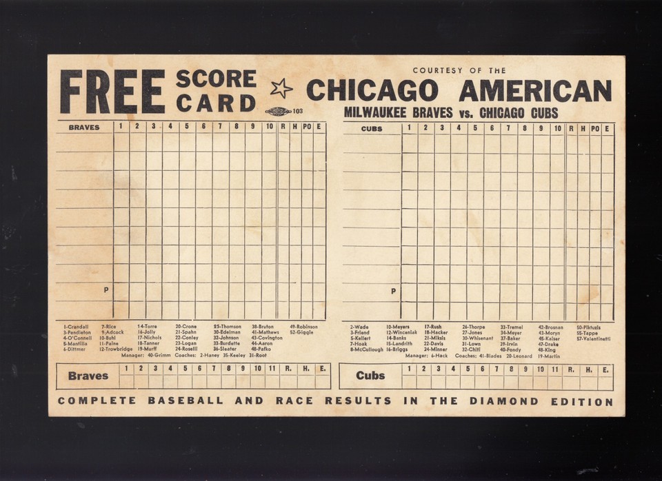 1950's Chicago American Scorecard Milwaukee Braves Aaron vs Chicago ...
