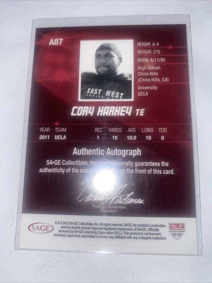 CORY HARKEY 2012 SAGE HIT ROOKIE AUTOGRAPHED CARD A87 UCLA BRUINS D31 ...