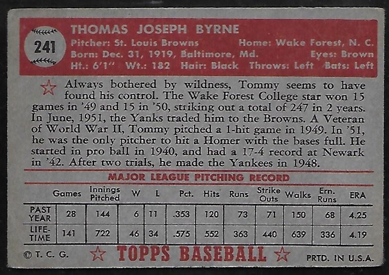 1952 Topps #241 Tommy Byrne St. Louis Browns | eBay