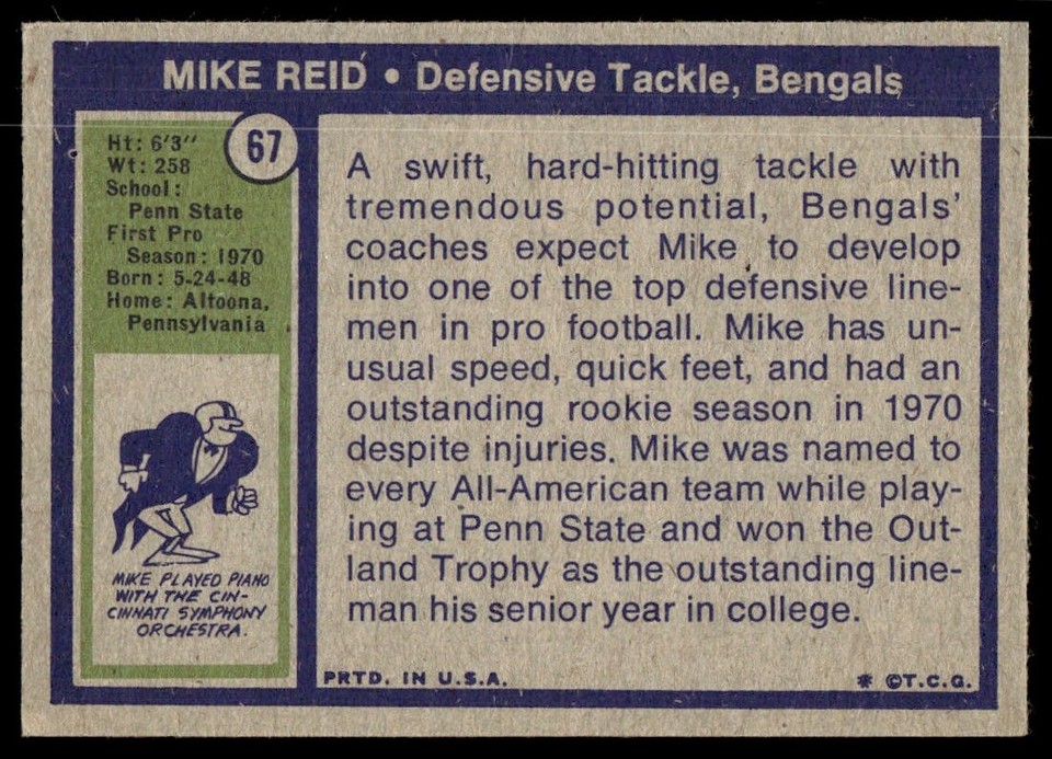 1972 Topps Football Mike Reid Rookie Cincinnati Bengals #67 EX-MT+ | eBay