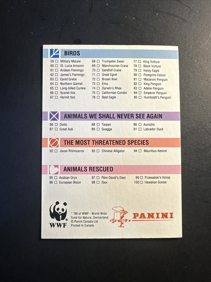 1992 WWF Panini Wildlife In Danger 1-100 CHECKLIST Birds Threatened ...