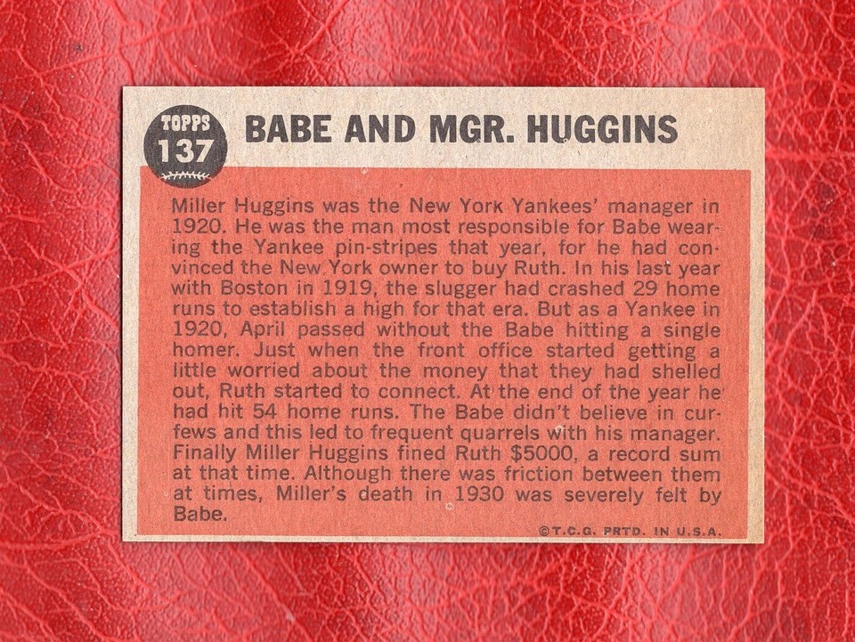 1962 TOPPS #137 BABE RUTH AND MGR HUGGINS HIGH GRADE NMMT+ / MINT | eBay
