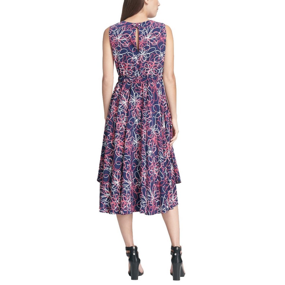 DKNY Women's Fuchsia/navy/white Printed Hi-lo V-neck Fit & Flare Dress 4 TEDO | eBay