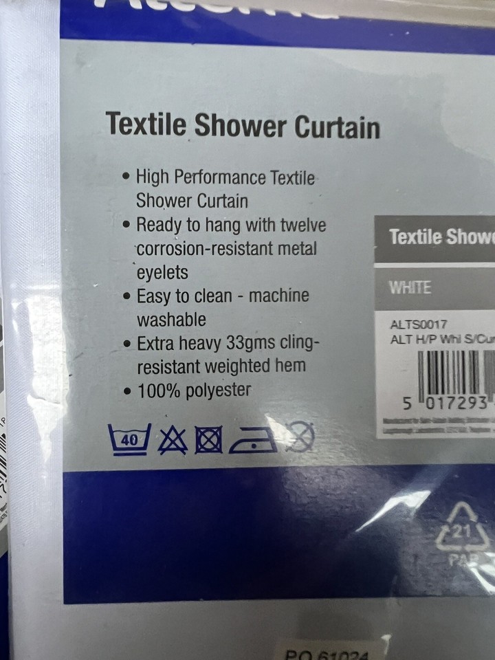 Alterna High Performance Textile Shower Curtain 1800 x 2000 White With ...