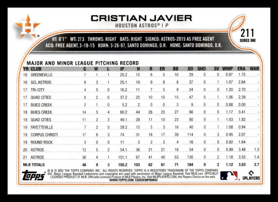 2022 topps Cristian Javier #211 Houston Astros | eBay