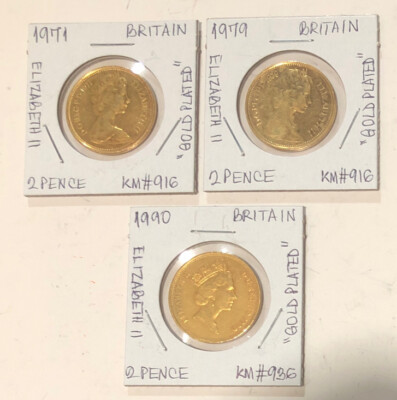 1971,1979,1990 LOT OF 3 GREAT BRITAIN 2 PENCE “GOLD PLATED”COINS-KM#916 ...