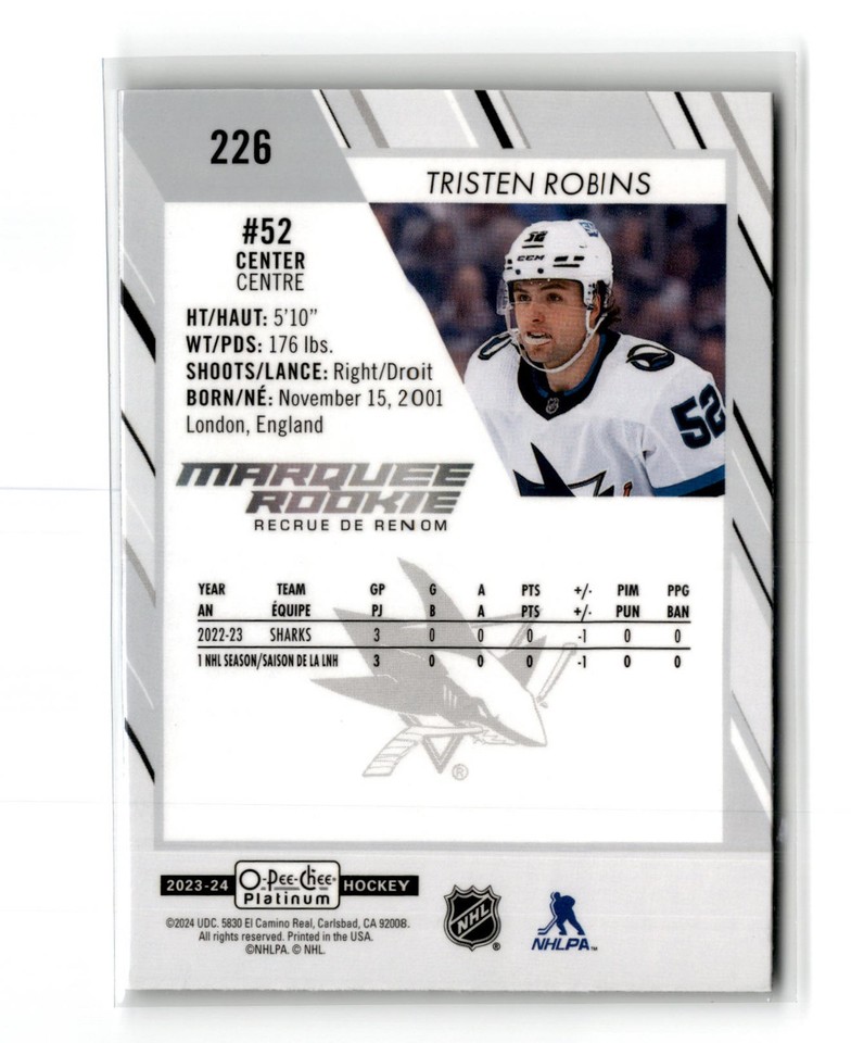 Tristen Robins 2023-24 O-Pee-Chee Platinum #226 San Jose Sharks Rookie ...