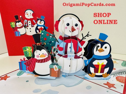 ORIGAMI POP CARDS Cute Snowman & Penguins 3D Pop Up Merry Christmas ...