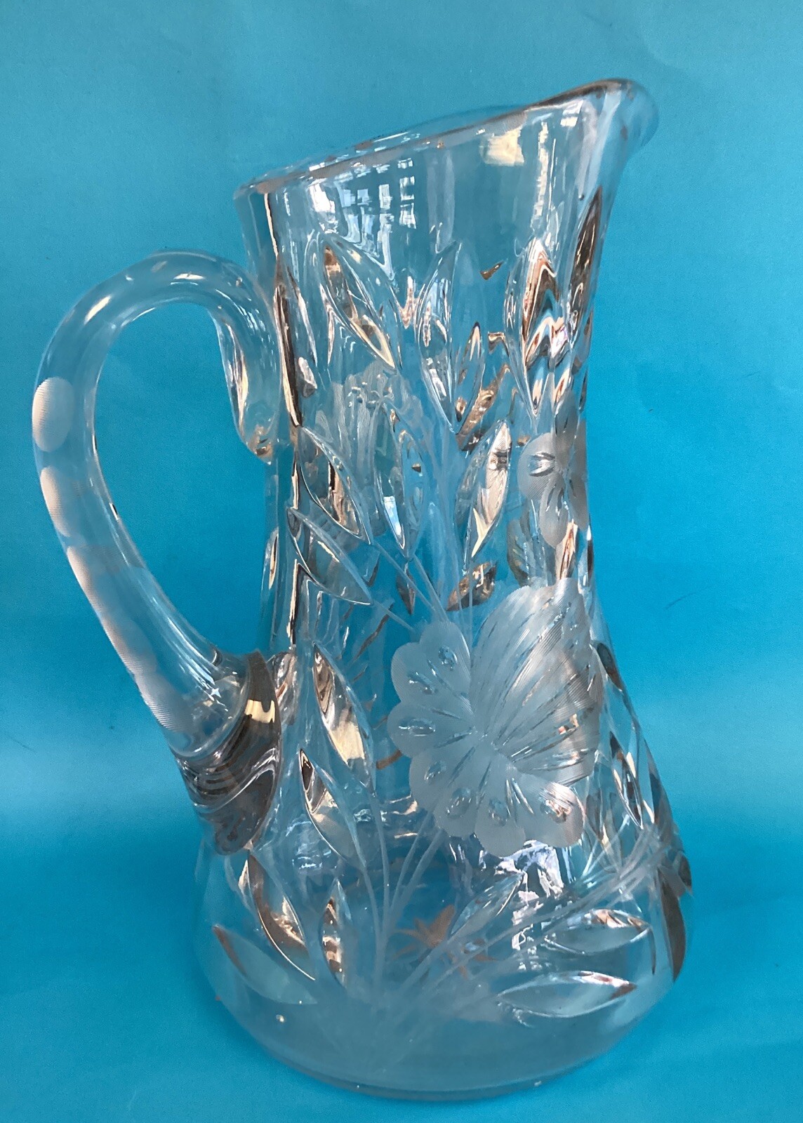 Vintage Heavy Cut Glass Water Pitcher Flower Pattern 10 Inches Tall | eBay