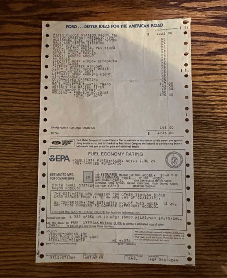1979 Ford Pinto Monroney window sticker and Rustproofing Warranty ...