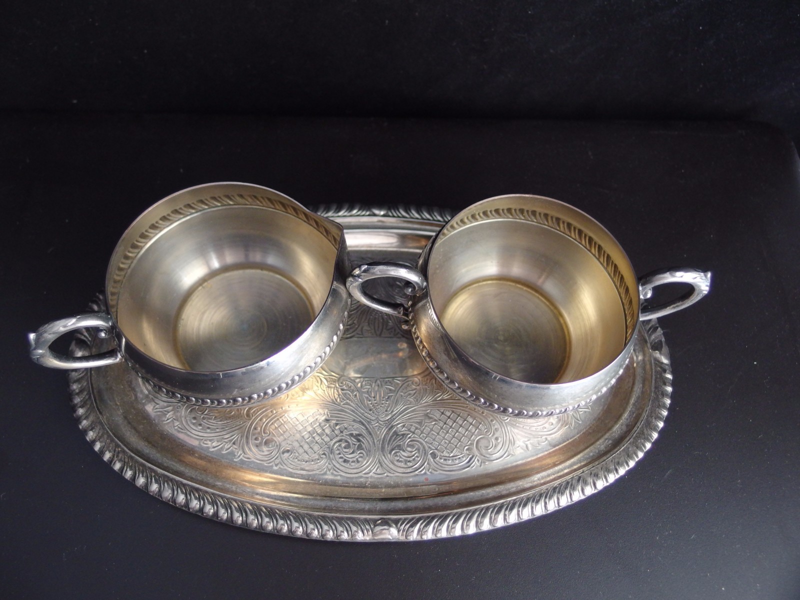 Vintage E.P.Copper Lead Mounts Hostess Plate with Creamer and Sugar ...