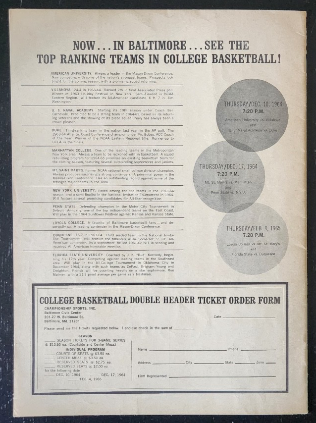 1964 COLLEGE BASKETBALL PROGRAM PENN STATE, NYU, MT. SAINT MARY'S ...