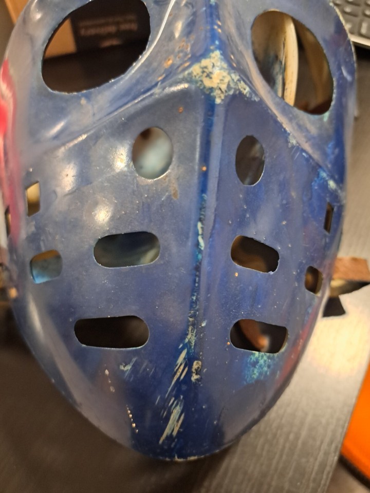 RARE Vintage 1970s Ice Hockey GOALIE MASK White Painted Blue Leather ...