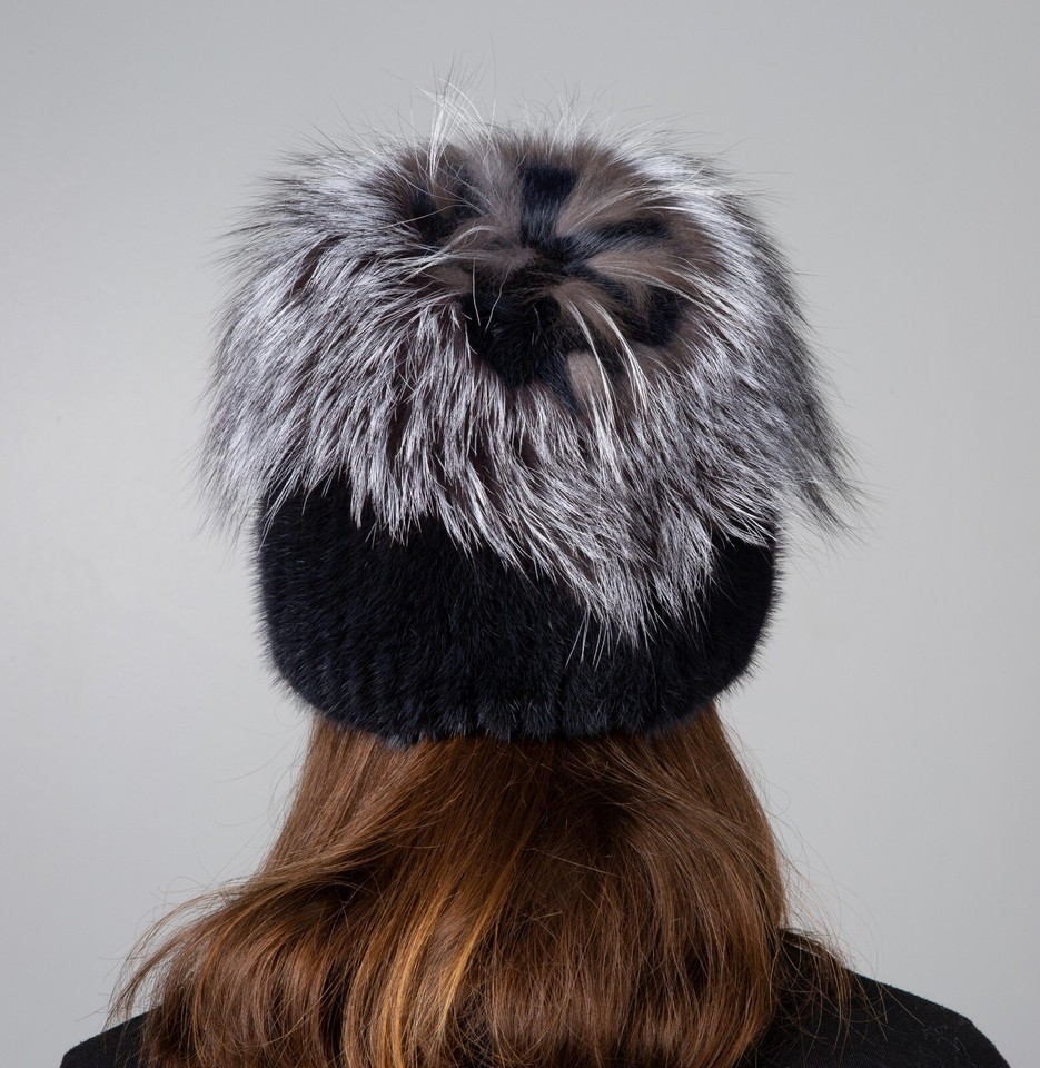Womens Real Mink Fur Hat with Silver Fox Knit Winter Fur Hat Luxury ...