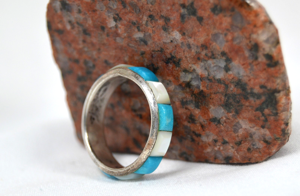 sz 10 Native American Band Ring Sleeping Beauty Turquoise Mother Pearl ...