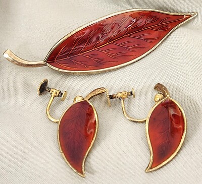 Meka Sterling Silver Red Enamel Leaf Shape SB Earrings Brooch Set ...