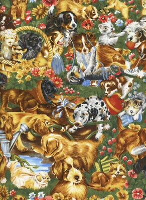 Puppies Perfect Pets 1 Fat Quarter cotton fabric quilting dogs flowers ...