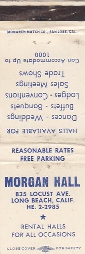 Morgan Hall Rental Hall Long Beach California CA Vintage Matchcover | eBay