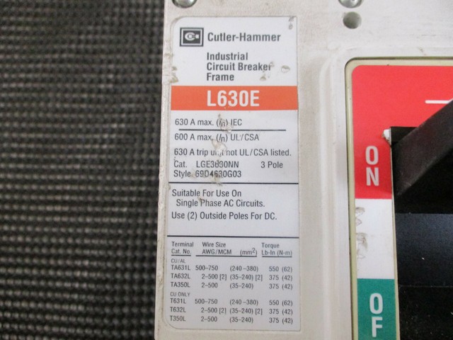 Eaton Cutler Hammer L630e 600amp Lge3630nn Circuit Breaker for sale ...