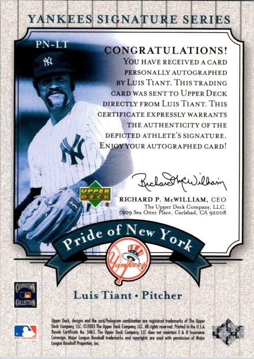 2003 Upper Deck Yankees Signature Series LUIS TIANT AUTO Insert MINT | eBay