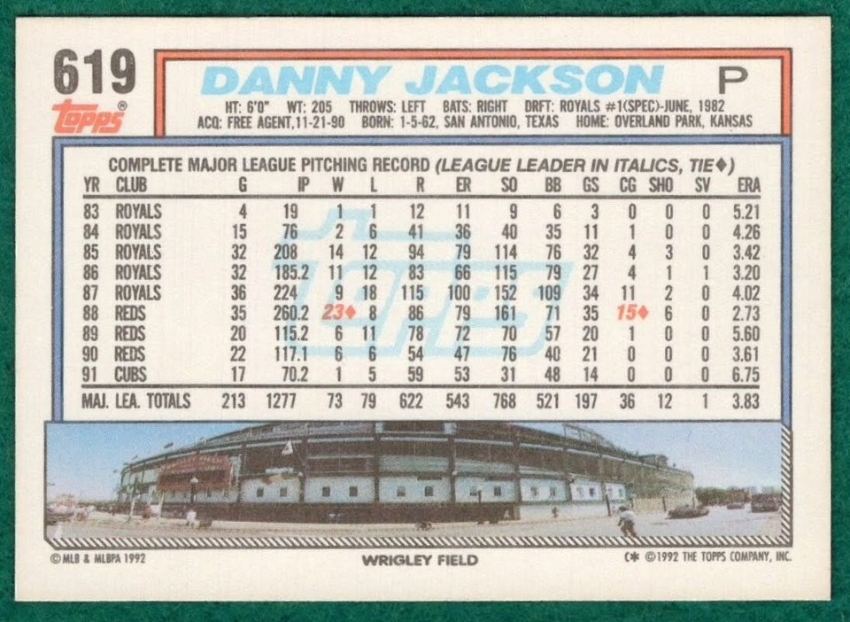 Danny Jackson - 1992 Topps #619 - Chicago Cubs Baseball Card | eBay