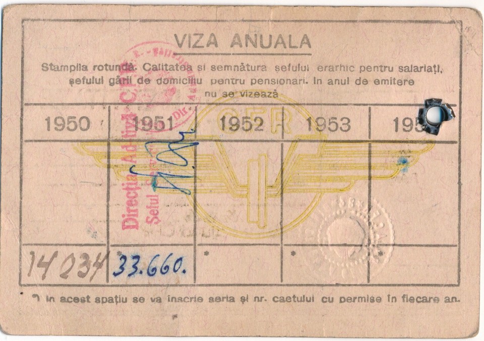 Train Subscription Pass Ticket Railway Romania ID Card First Class 1950 ...