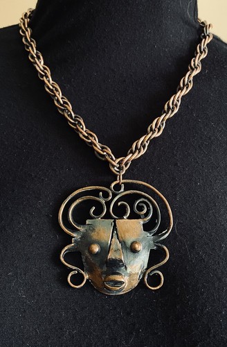 Handcrafted Artisan Necklace with Triple Link Copper Chain & Aztec Mask ...