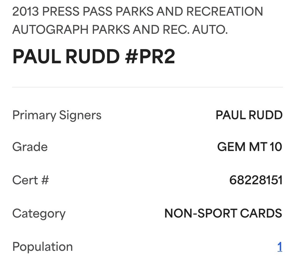 PSA 10 10 Auto PAUL RUDD Press Pass Parks Recreation Autograph Bobby ...