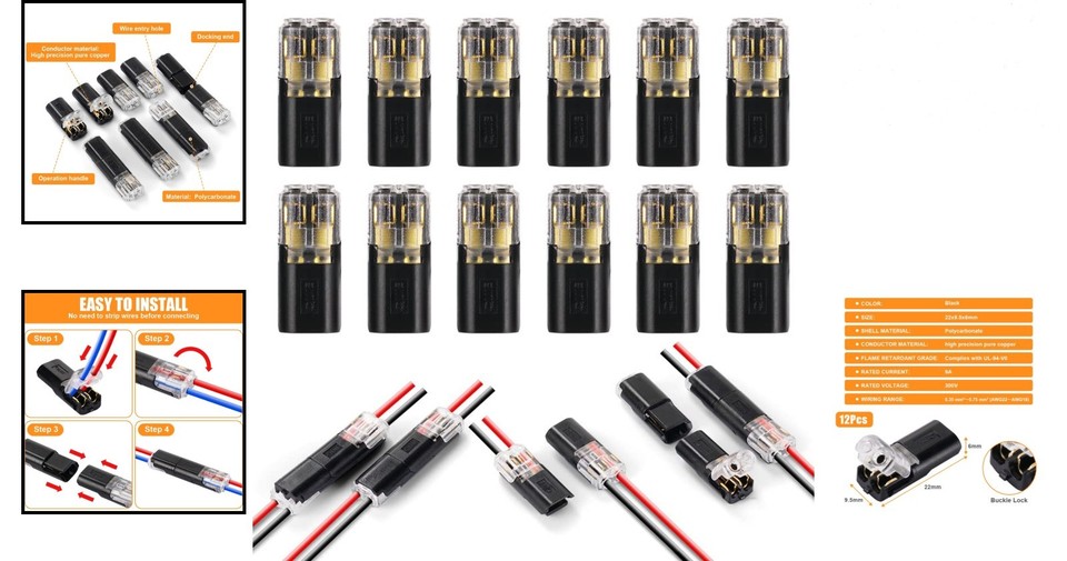 12Pcs Quick Dual Wire Connectors, 2 Pin Peel-Free Push-Type for 18 ...