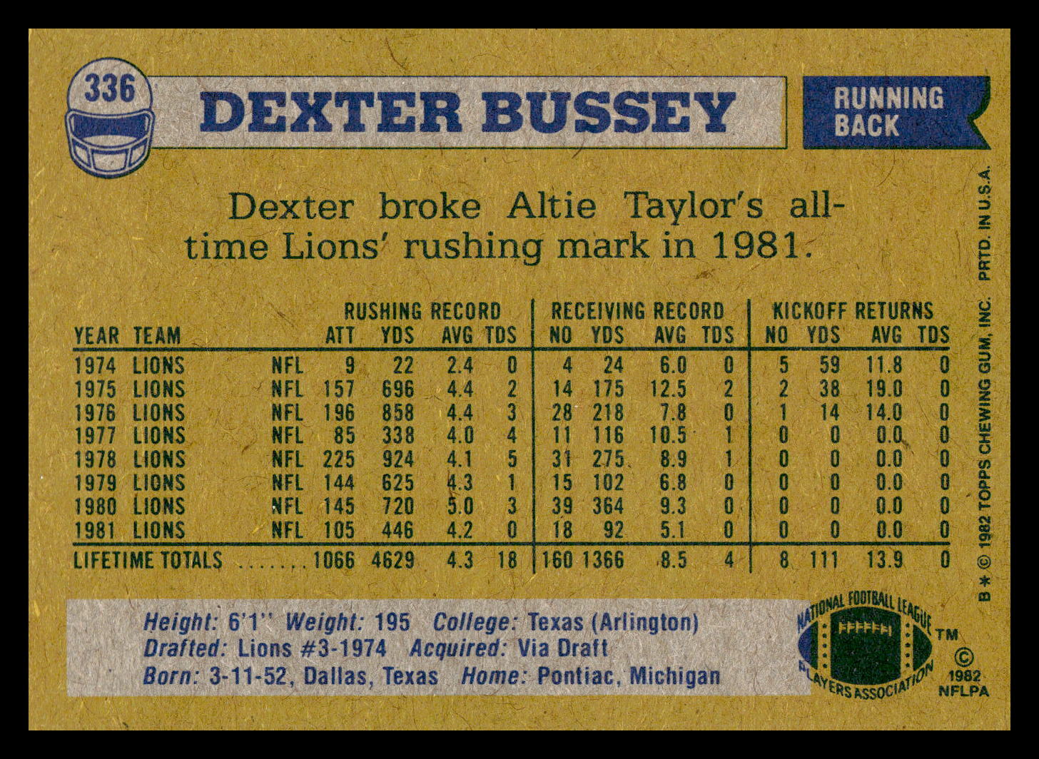 1982 Topps #336 Dexter Bussey Detroit Lions Football Card EX/NM | eBay