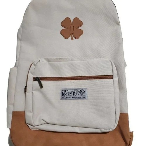 Lucky Brand Backpack Full Size Book Bag Clover Logo Cream And Brown New ...