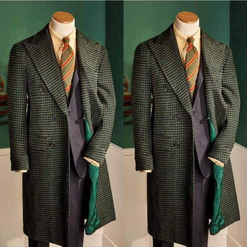 Green Houndstooth Men's Overcoat Business Vintage Wool Blend Blazer ...